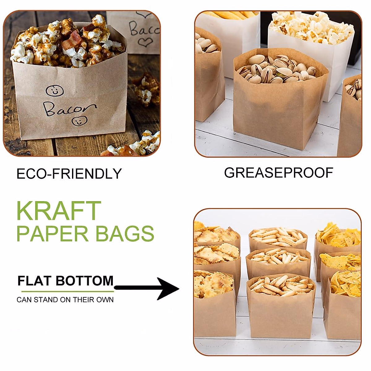 Brown Paper Bags for Snacks,50 Pack, Greaseproof Kraft Paper Bags, Recyclable, and Biodegradable, Small Brown Paper Bags For Popcorn, Cookies, Fries, Crafts, Gift Wrapping Bag in Bulk