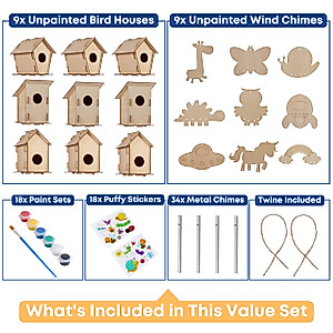 9 Wooden Birdhouses & 9 Wind Chimes -Art & Crafts for Kids Ages 4 5 6 7 8 - Kids Bulk Arts and Crafts Set with Painting Kit -DIY Wood Bird House and Windchimes Kits for Boys Girls to Build & Paint