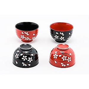 Hinomaru Collection Japanese Traditional Ceramic Rice Bowl Set of 4 Red and Black Cherry Blossom Sakura Decorative Gift Pack Multi Purpose Attractive Design