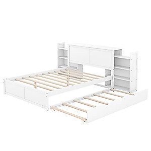 DRELOFT Storage Platform Bed Frame Queen with Pull Out Shelves and Twin XL Size Trundle, Wooden Platform Bed with Storage Headboard for Bedroom, No Box Spring Needed, Easy Assembly, White