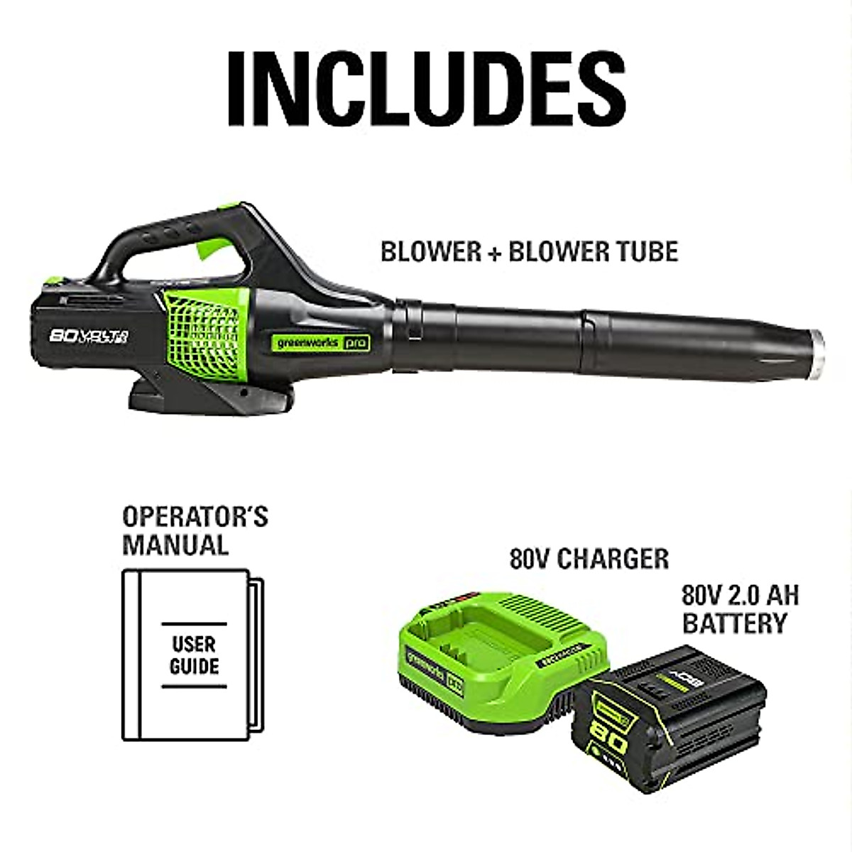 Greenworks 80V (150 MPH / 500 CFM / 75+ Compatible Tools) Cordless Axial Leaf Blower, 2.0Ah Battery and Charger Included