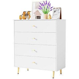 Greenvelly White 4 Drawer Dresser, 44” Tall Modern Dressers with Golden Metal Legs, White Dressers with 4 Drawers, Wood Storage Chest of Drawers for Bedroom, Living Room