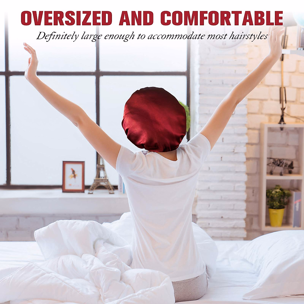 Geyoga 4 Pieces Silk Satin Bonnet Sleep Cap Extra Large Hair Bonnet for Sleeping Double Layer Reversible Hair Cap for Women Natural Curly Hair