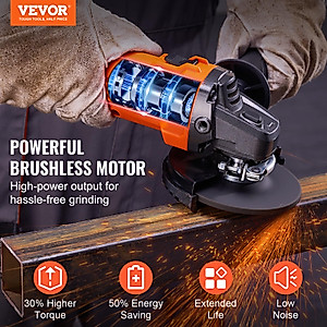 VEVOR Cordless Angle Grinder Kit, 4-1/2'' 9000rpm Brushless Motor, 3 Variable Speed, Electric Grinder Power Tools with 20V 4.0Ah Battery & Fast Charger For Cutting, Polishing, Rust Removal