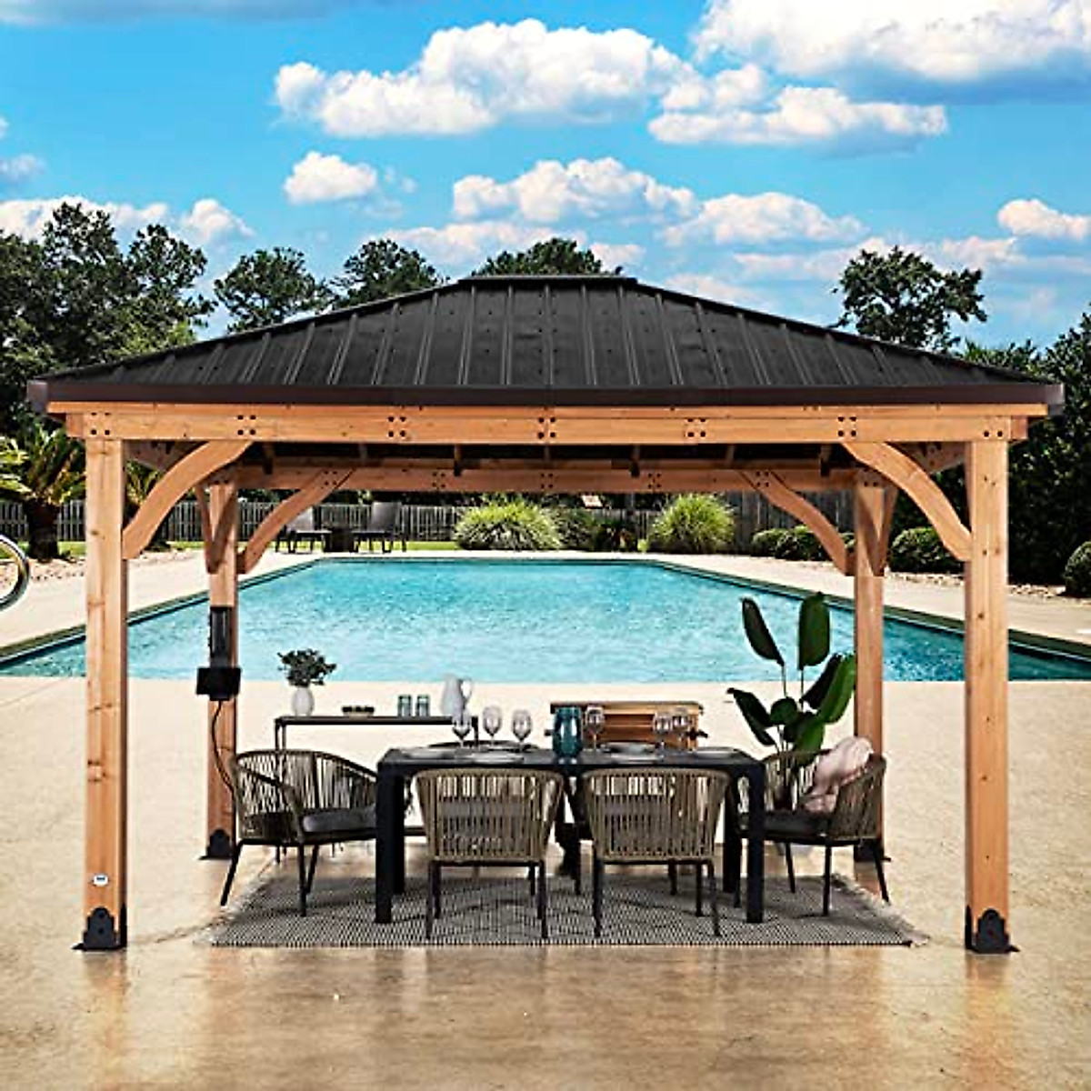 Backyard Discovery Barrington 14 ft. x 12 ft. Hip Roof Cedar Wood Gazebo, Shade, Rain, Hard Top Steel Metal Roof, All Weather Protected, Wind Resistant up to 100 mph, Holds up to 6500 lbs