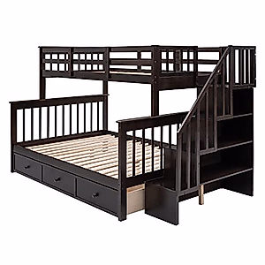 TARTOP Twin Over Full Bunk Bed with Drawer, Wood Bedfram w/Storage Stairway and Guard Rail for Bedroom, Dorm, Adults, No Box Spring Needed,Espresso