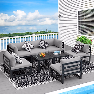 NICESOUL® 8 Piece Aluminum Outdoor Patio Furniture Conversation Sofa Set, Grey Large Size Deep Seat Sectional Couch with Coffee Table Light Gray Olefin Cushion for Porch, 2 Color Cushions