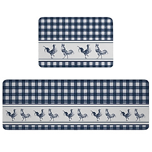 Roosters Kitchen Rugs and Mats Anti Slip Washable Set of 2, Water Absorbent Kitchen Mats, Comfort Standing Mat for Laundry, Office, in Front of Sink Farmhouse Chicken Blue Plaid Vintage Style