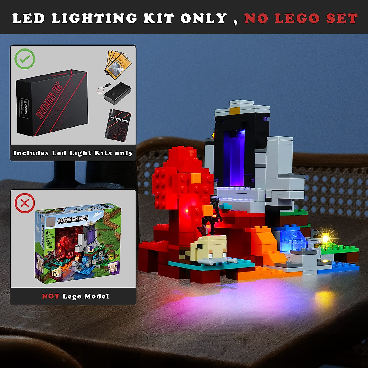Xunsan LED Light Kit for Lego Minecraft The Ruined Portal 21172 Building Blocks, Lighting Kit Designed for Lego 21172 Set, Standard Version - NOT Included Lego Model
