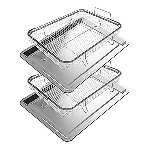 Linkidea 2 Small Roasting Pan with Rack Set, Stainless Steel Baking Cooling Rack Rectangle 12'' x 9'', Oven Tray and Safe Grid Wire Racks for Roasting