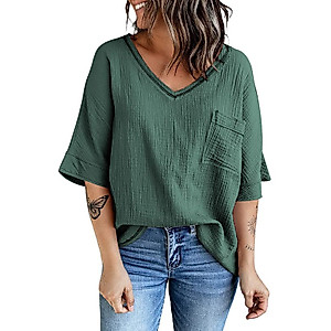 Dokotoo Womens Juniors Elegant Casual Spring Summer Shirts and Blouses for Women 2023 T-Shirts V Neck 3/4 Sleeve Cotton Tunic Tops Loose Shirts with Pocket Green Large