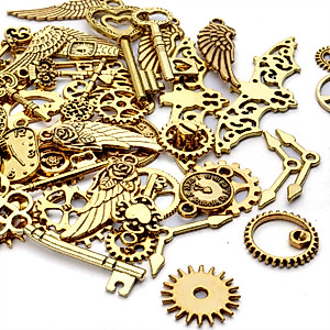 52pcs Antique Gold Steampunk Charms Watch Gear Cog Wheel Skeleton Key Charms Pendants for DIY Jewelry Making Crafting