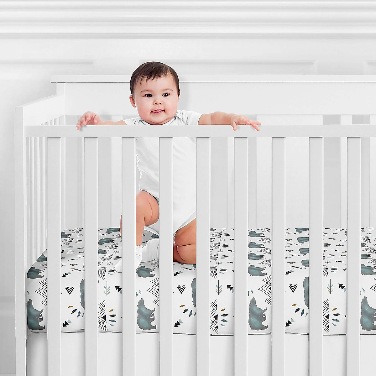 Sweet Jojo Designs Bear Mountain Boy Jersey Stretch Knit Baby Fitted Crib Sheet for Soft Toddler Bed Nursery - Slate Blue and Black Woodland Forest Animal