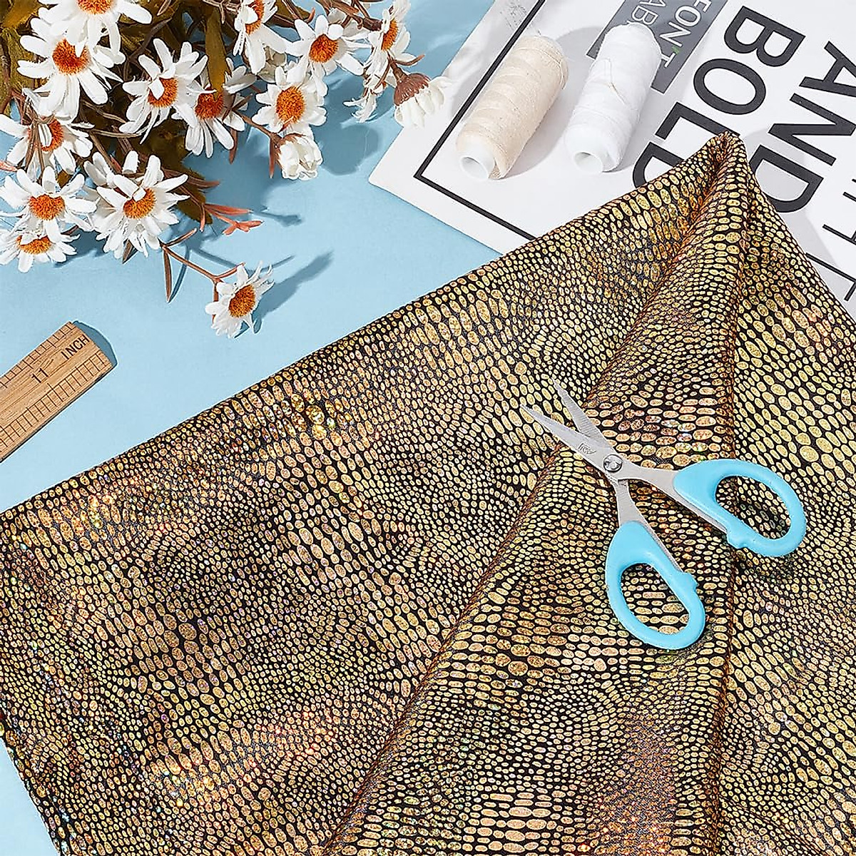 MAYJOYDIY 1 Yard Gold Snake Skin Texture Faux Leather Fabric 62.2inch Width Gilding Polyester Fabric Shiny Snake Skin Fabric for Sewing Crafts Clothing Accessories Handbag Apparel Party Decoration
