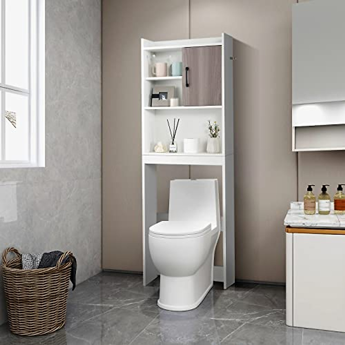 LOKO Over The Toilet Storage Cabinet, Wooden Bathroom Space Saver with Door & Open Storage Shelves, Anti-toppling Device, Freestanding Over Toilet Bathroom Organizer for Bathroom, Laundry