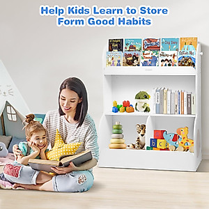 Asweets 2 in 1 Kids Bookshelf & Montessori Toy Storage Cubby, 3 Tiers Children Wooden Bookcase, Fit for Kids Room, Playroom, Kindergarten, Nursery, 31.5''L x 14.6''W x 39.4''H (White)