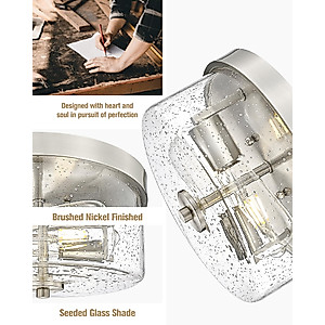Emak 2-Light Brushed Nickel Ceiling Light Fixture, 11 Inch Flush Mount Light Fixture with Seeded Glass Shade for Bedroom, Living Room, Kitchen, Hallway, Bathroom, FM082-BN