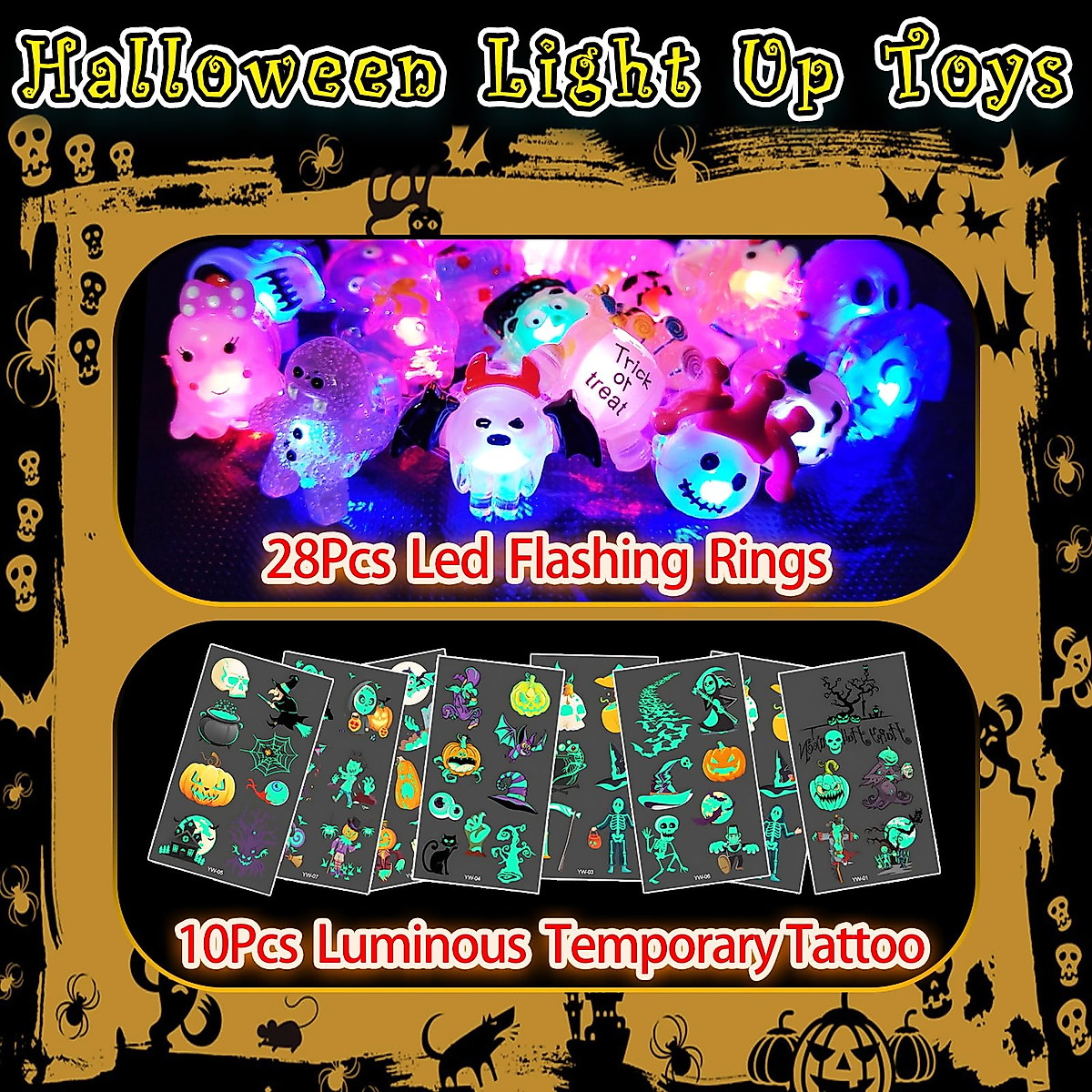 38Pcs Halloween Party Favors for Kids, 3D Light Up Rings Bulk Toys Halloween Treats Non Candy, 28 Led Flashing Rings & 10 Luminous Tattoos, Halloween Goodie Bag Fillers Glow In The Dark Party Supplies
