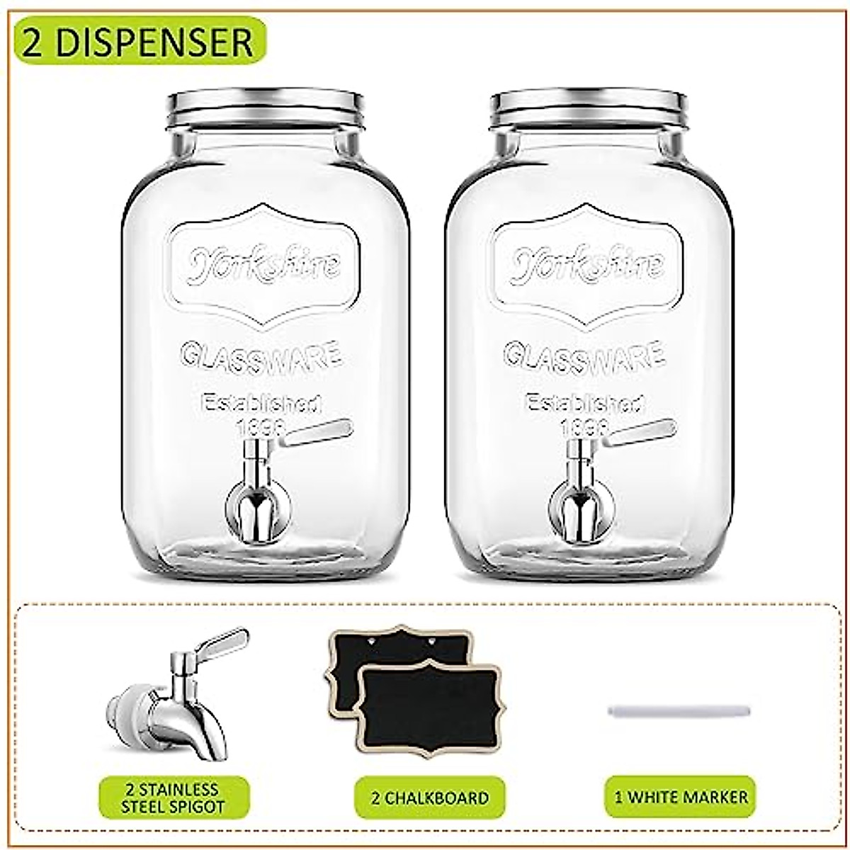 2 Pack 1 Gallon Drink Dispensers for Parties,Beverage Dispenser with 18/8 Stainless Steel Spigot,Glass Drink Dispenser Water Dispenser Punch Dispenser for Sun Tea Lemonade Juice Cold Water.