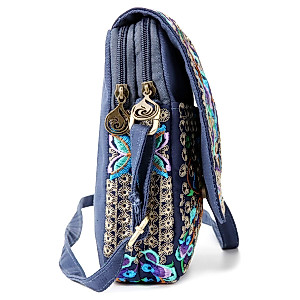 Embroidered Small Canvas Crossbody Bag Cell Phone Bag for Women Handmade Mini Shoulder Bag Wallet Bag Pouch(Blue)