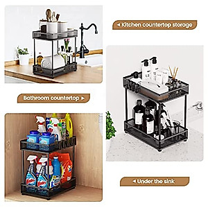 Bathroom ,Kitchen Sink Cabinet Organizer, 2 Tier Under Sink , Under Cabinet Organizers and Storage with 4 Hooks,Non-slip Feet, Metal