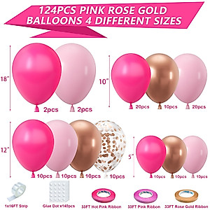 YAOWKY 124PCS Pink Balloon Arch Garland Kit with Different Size 18 12 10 5 Inch Pastel Hot Pink Metallic Rose Gold Confetti Balloons for Princess Theme Wedding Valentine's Day Party Decorations