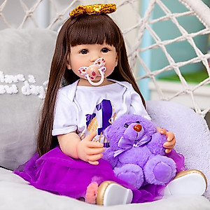 TERABITHIA 22 Inches Cute Alive Handmade Long Brown Hair Reborn Baby Doll Crafted in Silicone Vinyl Full Body Anatomically Correct Realistic Newborn Princess Toddler Girl Dolls Purple Gift Set