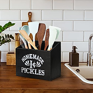 Y&ME YM Kitchen Utensil Holder, Wood Utensil Crock, Kitchen Utensil Caddy With 2 Compartments, Farmhouse Utensil Organizer Cookware Caddy, Rustic Utensil Organizer for Kitchen