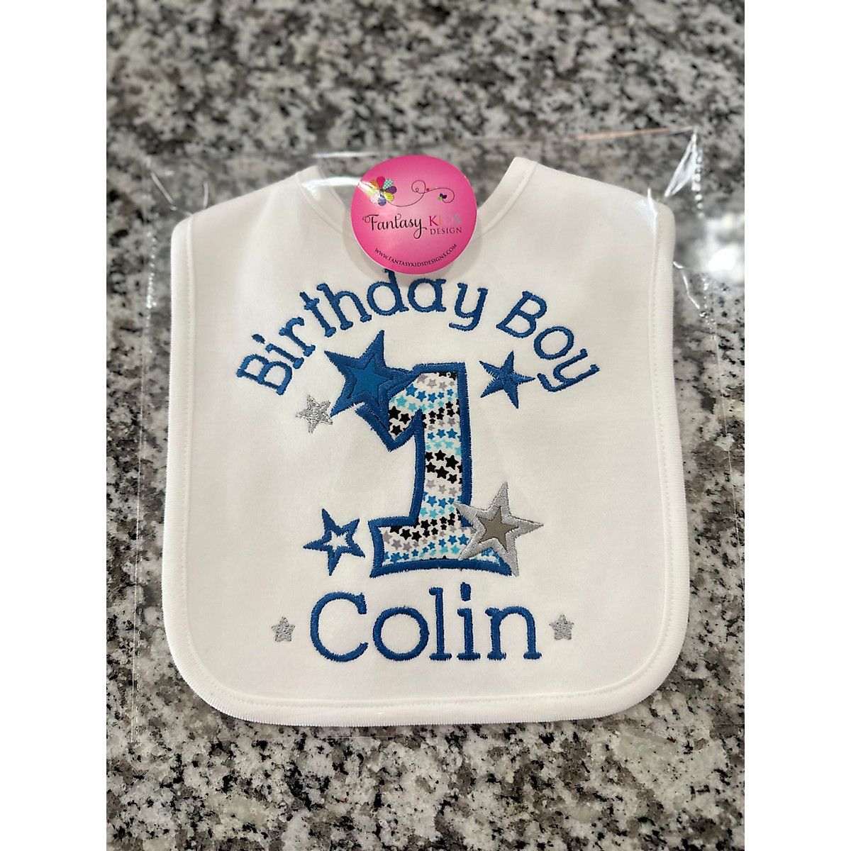 Fantasy Kids Designs First Birthday Boy Bib Smash Bib for Baby Boy Personalized with Custom Name (White Bib/Royal Blue)