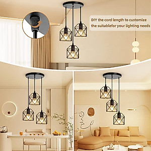CANMEIJIA 3-Light Pendant Light Fixtures, Farmhouse Kitchen Island Light Fixture, Industrial Hanging Pendant Lighting for Dining Room Bedroom, Black Metal Cage Pendant, E26 Base, Bulbs Not Included