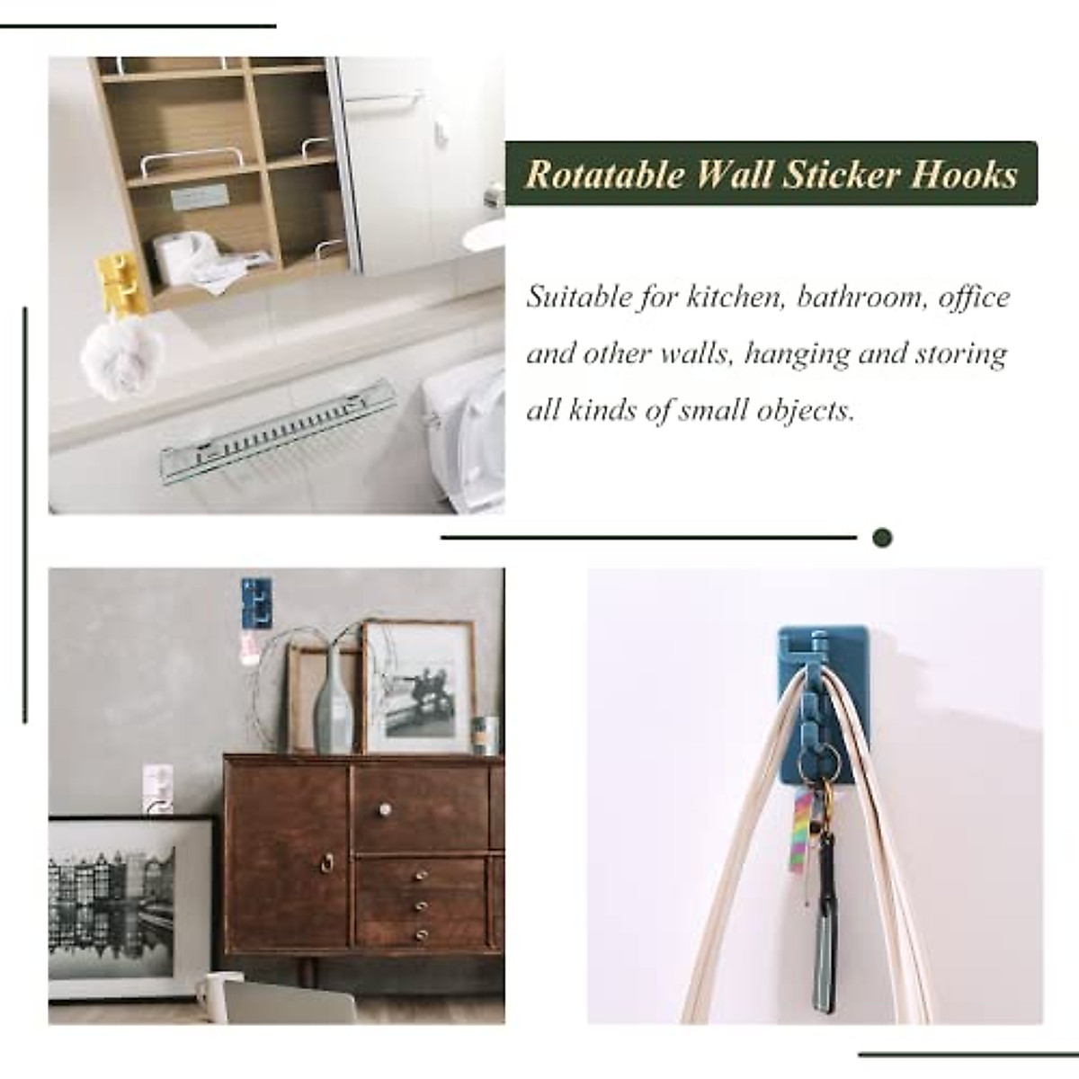 bumnay 8Pcs Wall Adhesive Hooks with 4 Rotatable Arms for Hanging, 180 Degree Rotating Folding Self Adhesive Wall Sticker Hook Racks for Home Kitchen Bathroom RV Wall Mount