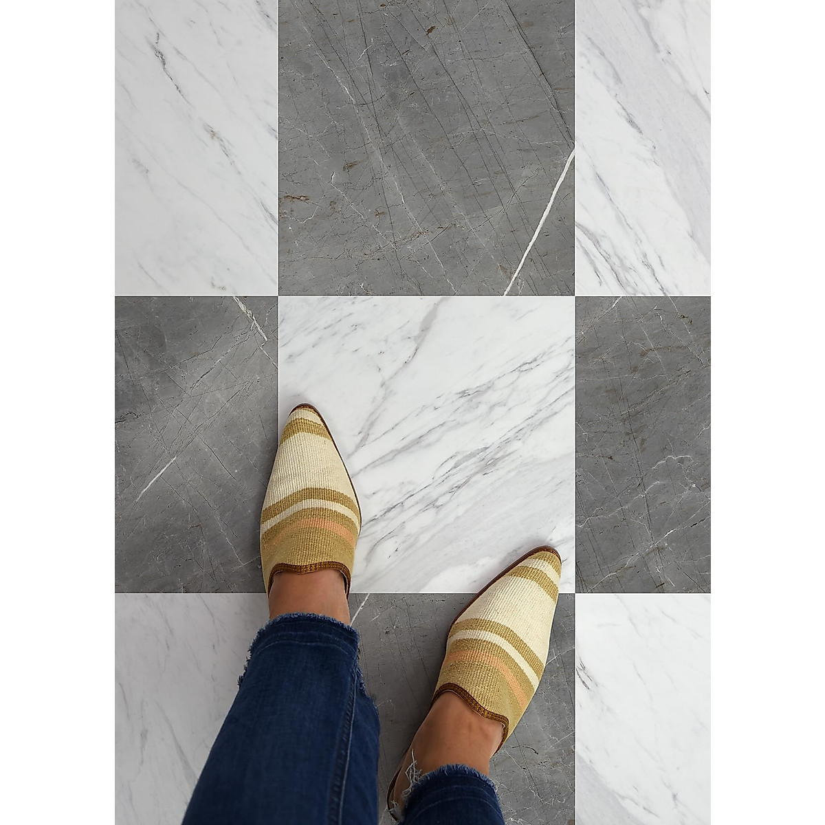 FloorPops x Chris Loves Julia 12-in by 12-in Bonneville Grey & White Marble Peel & Stick Floor Tiles, FP4421