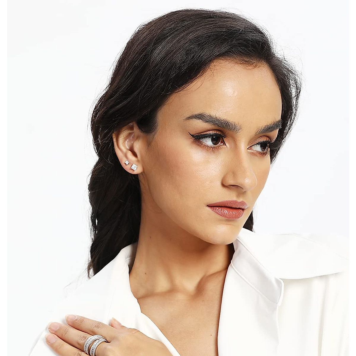 MDFUN 18K Yellow Gold Plated Princess Cut Square Clear Cubic Zirconia Stud Earring Pack of 5 Pairs