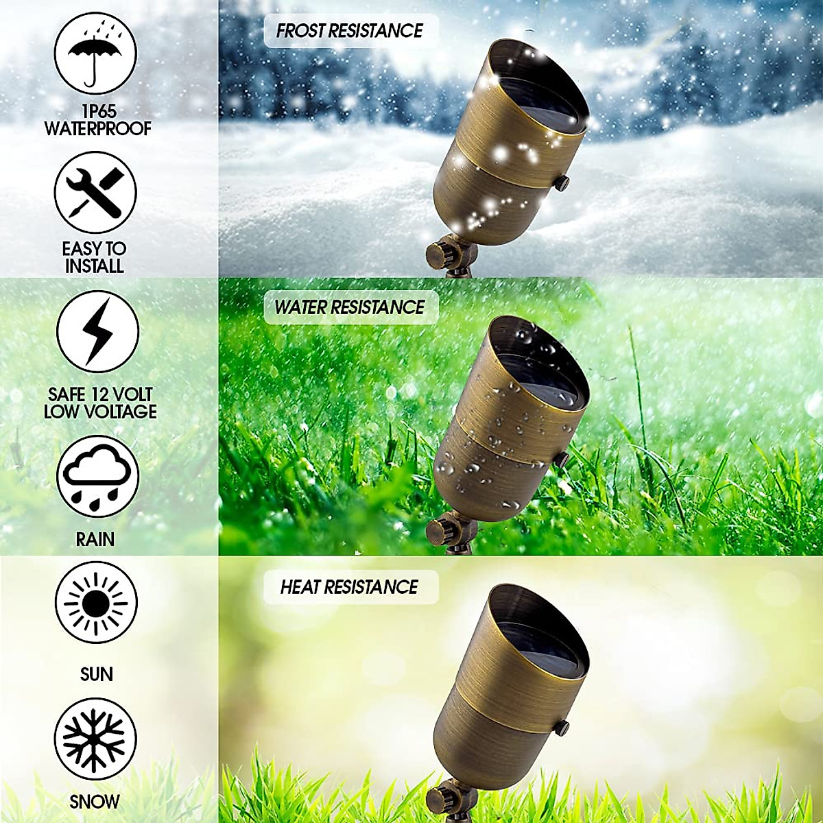 LED Spot Lights Outdoor 7W Landscape Light 101 (6 Pack) Water Resistant Brass Metal Spotlight Garden Lighting for Walls Trees Flags Security Outdoor Home Area with Spike Ground Stake and MR16 LED Bulb