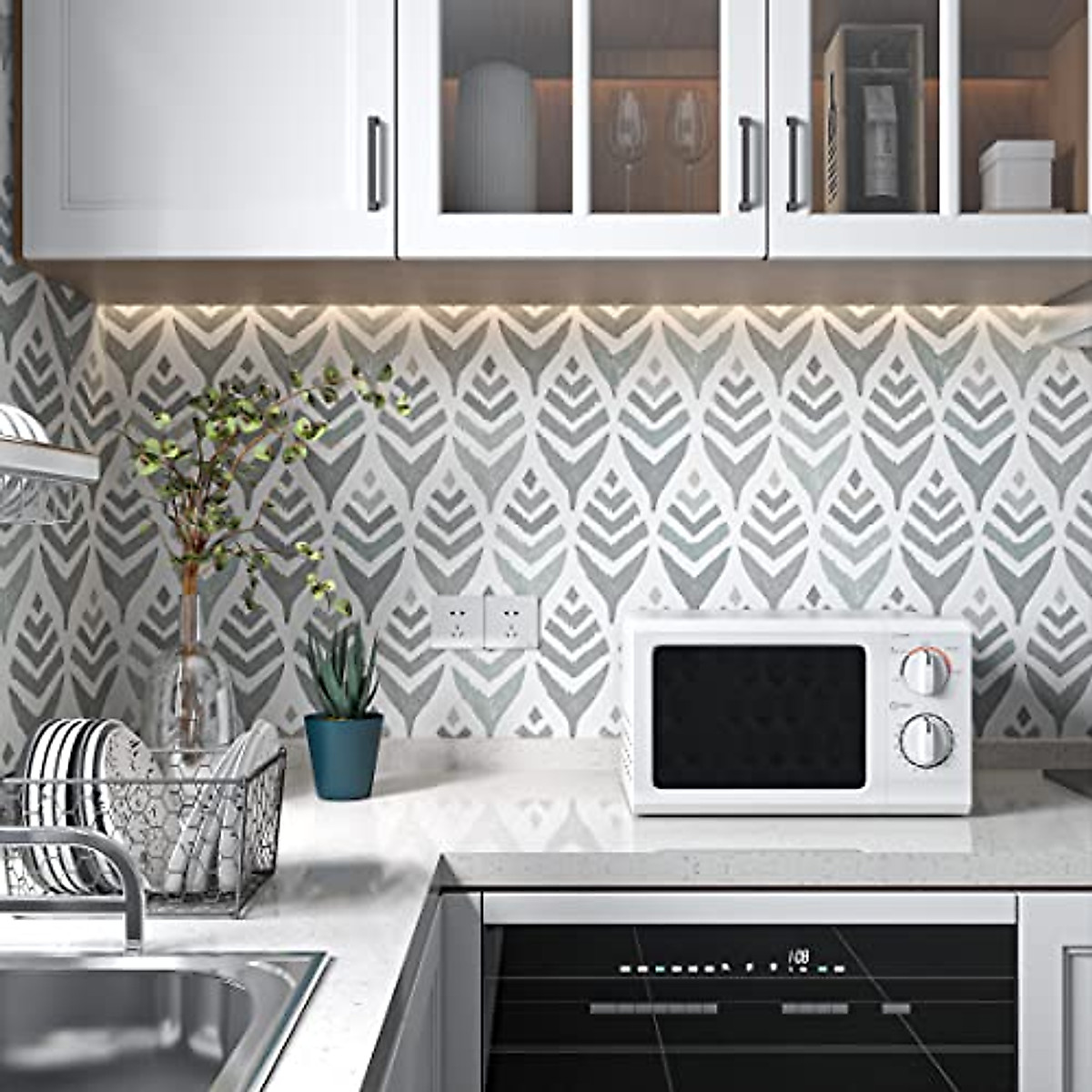 Grey Leaf Wallpaper Peel and Stick Wallpaper for Bedroom Bathroom Boho Contact Paper for Cabinets Bathroom Removable Wallpaper Self Adhesive Modern Waterproof Vinyl Wallpaper Kitchen 17.3‘’×78.7‘’