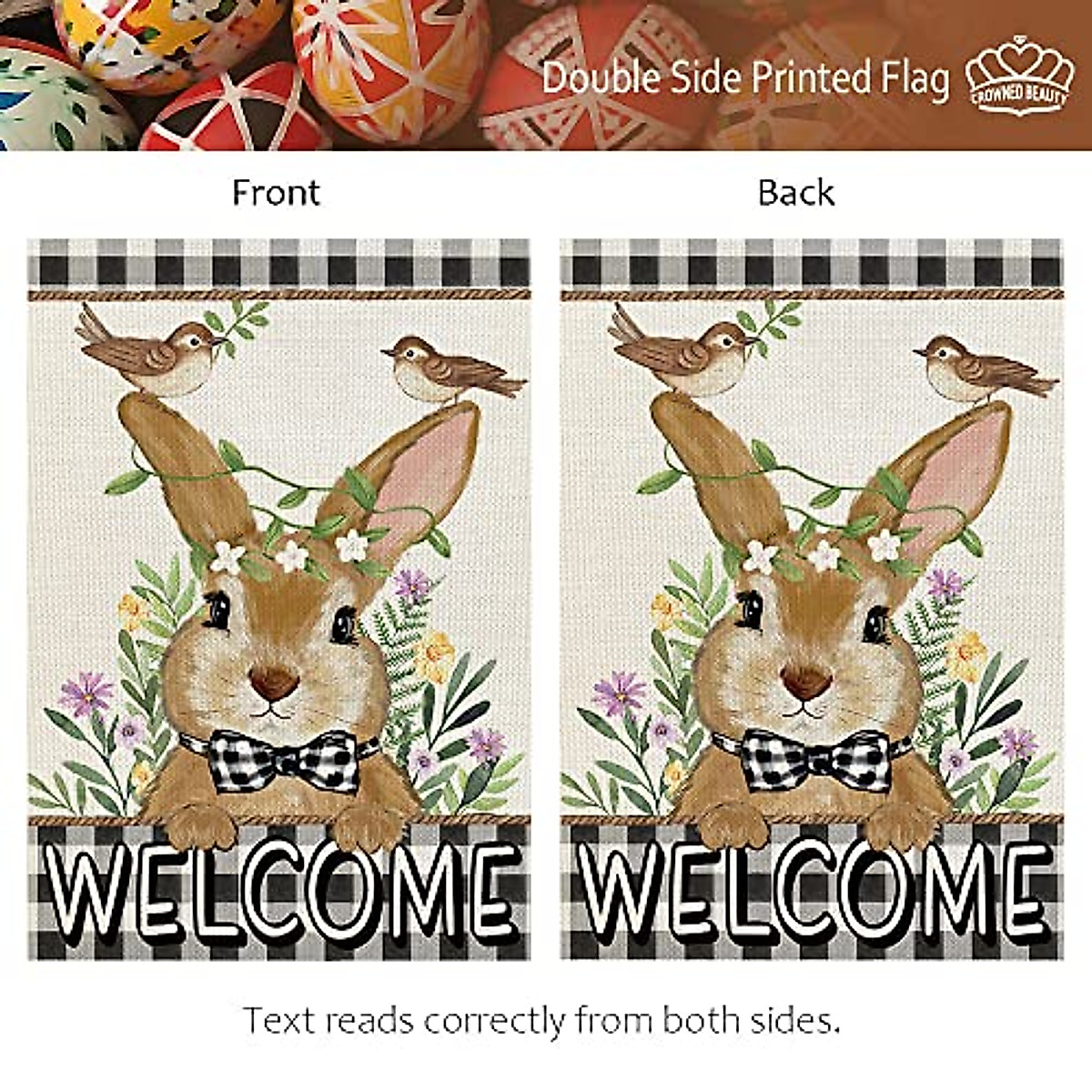 CROWNED BEAUTY Easter Bunny Garden Flag Floral 12x18 Inch Double Sided for Outside Burlap Small Buffalo Plaid Birds Welcome Yard Holiday Flag CF717-12