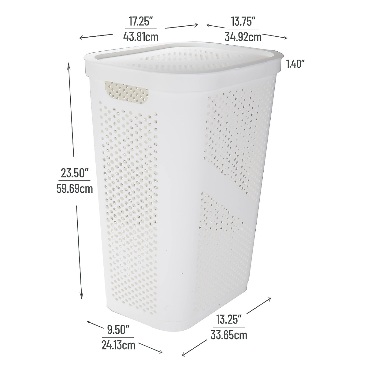Mind Reader 60L Slim Laundry Hamper, Clothes Basket, Lid, Ventilated, Plastic, 17.25"L x 13.75"W x 23.5"H, White