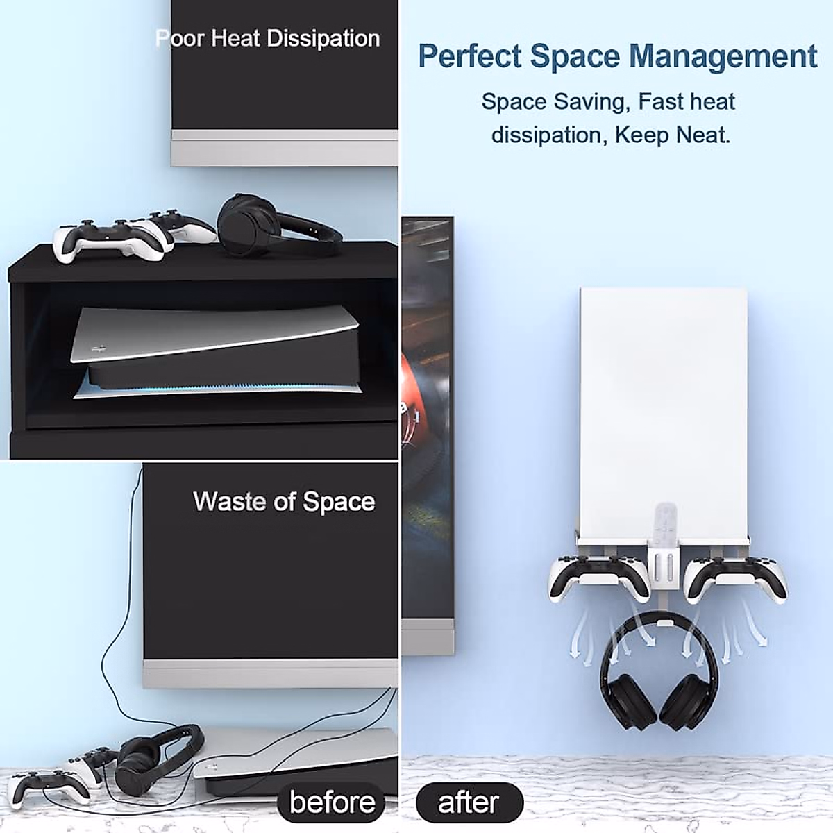 SWTOTK PS5 Wall Mount Kit with Charging Cable, 6-in-1 Playstation 5 (Disc & Digital) Metal Wall Stand with 2 Detachable Controller Hanging Bracket/Remote Box/Headset Hanger, w/Non-Slip Mat White