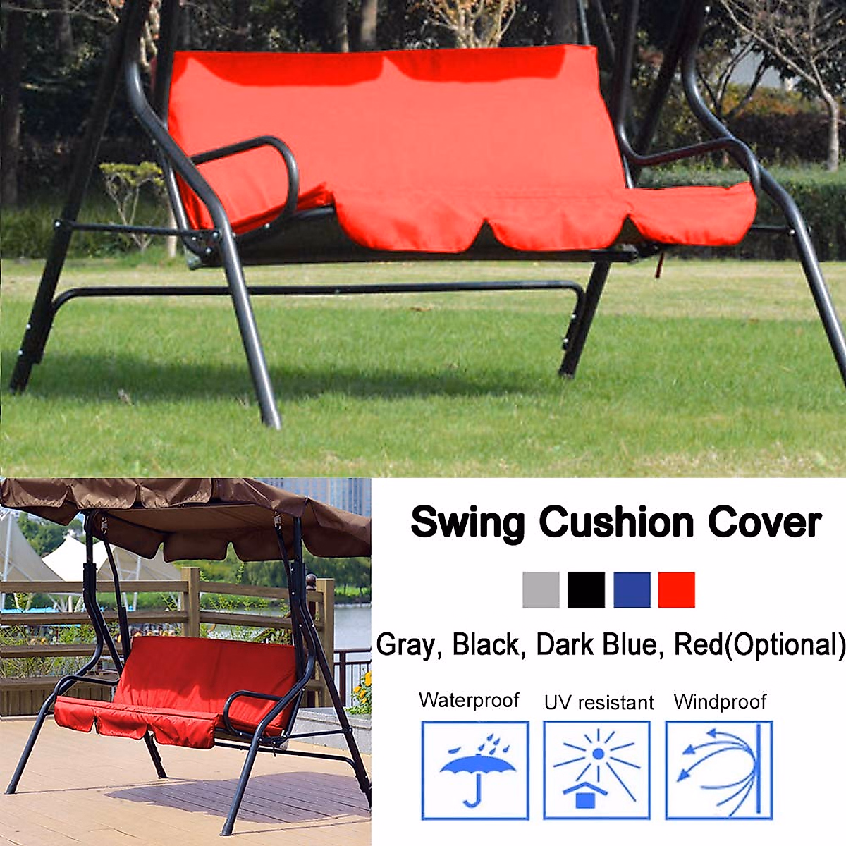 Andraw Easy to Clean Non‑Fading Swing Chair Cushion,Three seat Swing Replacement Cushions Swing Seat Cover, Waterproof Yard Garden Lawn(red),