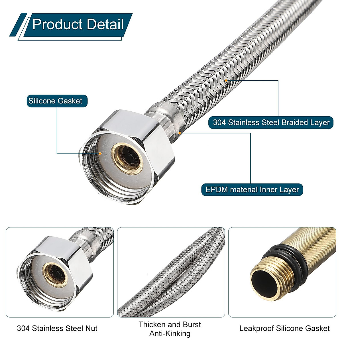 uxcell 2Pcs 31" Faucet Supply Lines Connector Stainless Steel Braided Long Faucet Connector G1/2 Female Compression Thread x M10 Male Connector for Kitchen Sink Bathroom (Silver)