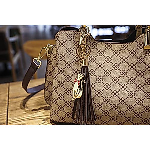 Eightown Beige Tote Bag for Women - Designer Top Handle Bag with Flowers Printing - High-capacity Shoulder Purse with Tassel Pendant(Brown strap)