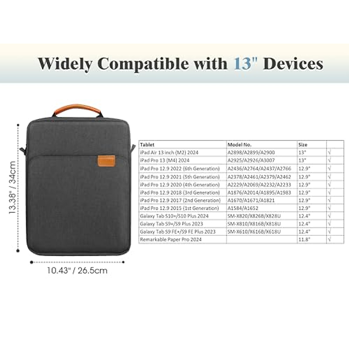 TiMOVO 13 Inch Tablet Sleeve Handbag with Shoulder Strap for iPad Air 13", iPad Pro 13", iPad Pro 12.9", Galaxy Tab S9+/S9 Plus/S10+/S10 Plus/S9 FE+/S9 FE Plus 12.4", Black & Gray