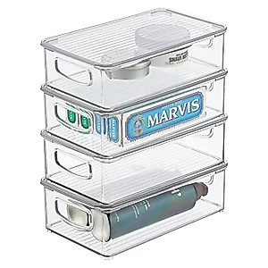 mDesign Plastic Storage Bin Box Container, Lid, Built-In Handles, Organization for Makeup, Hair Styling Tools, Accessories in Bathroom Cabinet, Cupboard Shelves, Ligne Collection, 4 Pack - Clear/Clear