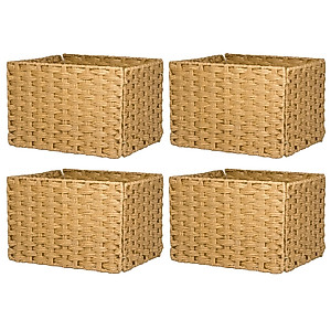 GIB Wicker Storage Baskets for Shelves Set of 4, 13"x9.5"x8" Rectangle Hand-Woven Decorative Storage Basket Foldable Storage Bin for Pantry Baskets Organizing