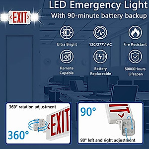 Red LED Exit Sign with Emergency Lights,Two LED Adjustable Head Emergency Exit Lights with Battery Backup,Double Face, Dual LED Lamp ABS Fire Resistance UL-Listed 120-277V/AC