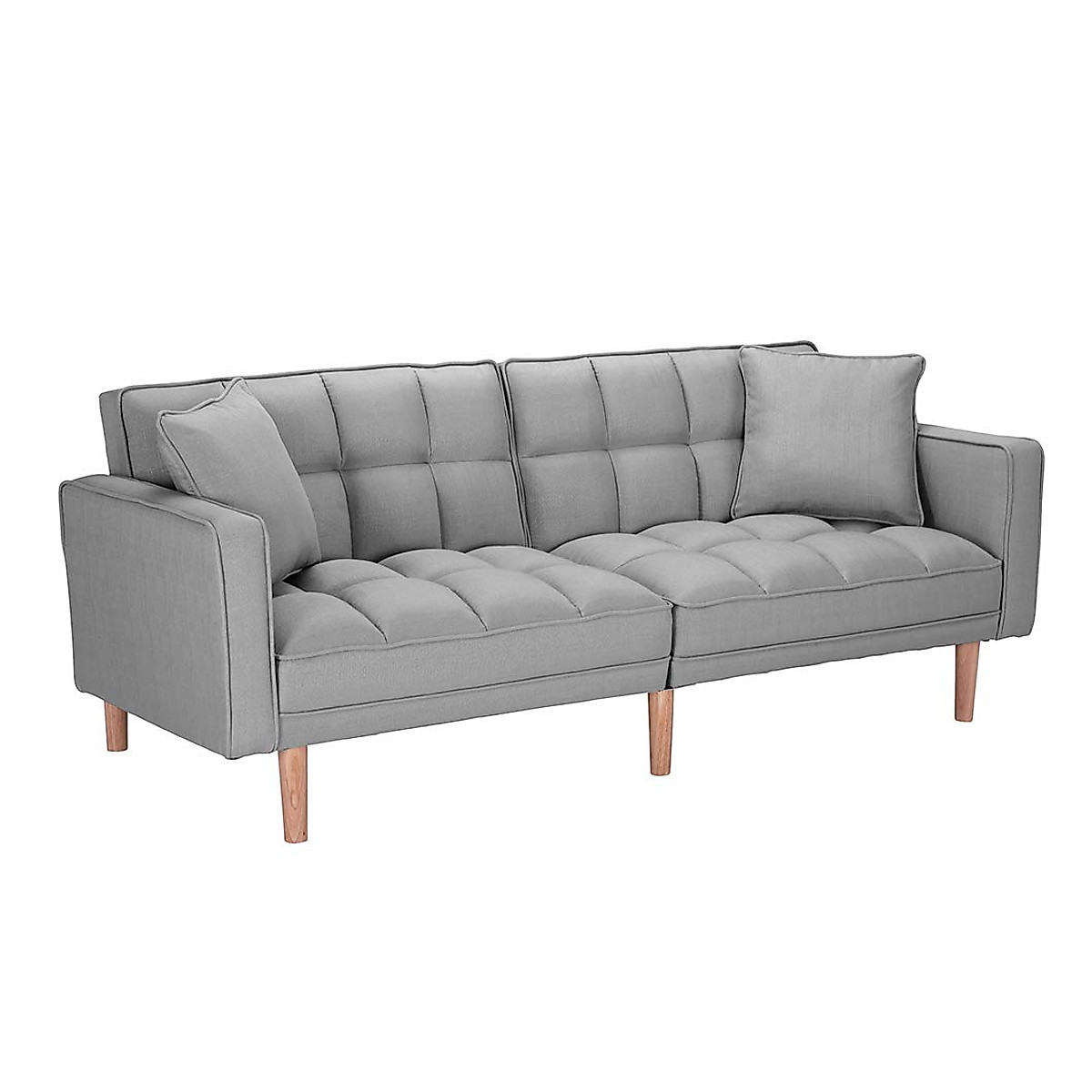 SLEERWAY Modern Futon Sofa Bed, Convertible Sleeper Sofa with Armrests and 2 Pillows, Recliner Couch with 5 Solid Wooden Legs, Twin Size Sofa for Living Room Handpicked Fabric (Light Grey)