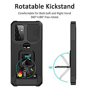 Nvollnoe for Samsung A52 Case with Sliding Camera Cover Heavy Duty Protective Galaxy A52 Case with Card Holder Magnetic Rotate Ring Kickstand Phone Case for Samsung A52 5G/4G(Black)