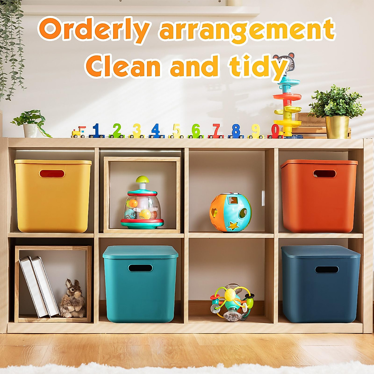 Hoolerry 8 Pieces Colorful Storage Bins with Lid and Handle, Plastic Stackable Baskets Desktop Cube Box Cubby Bins Containers for Shelf Cabinet Bedroom Office (Multi-colored,14.2 x 10.2 x 9.5 Inch)