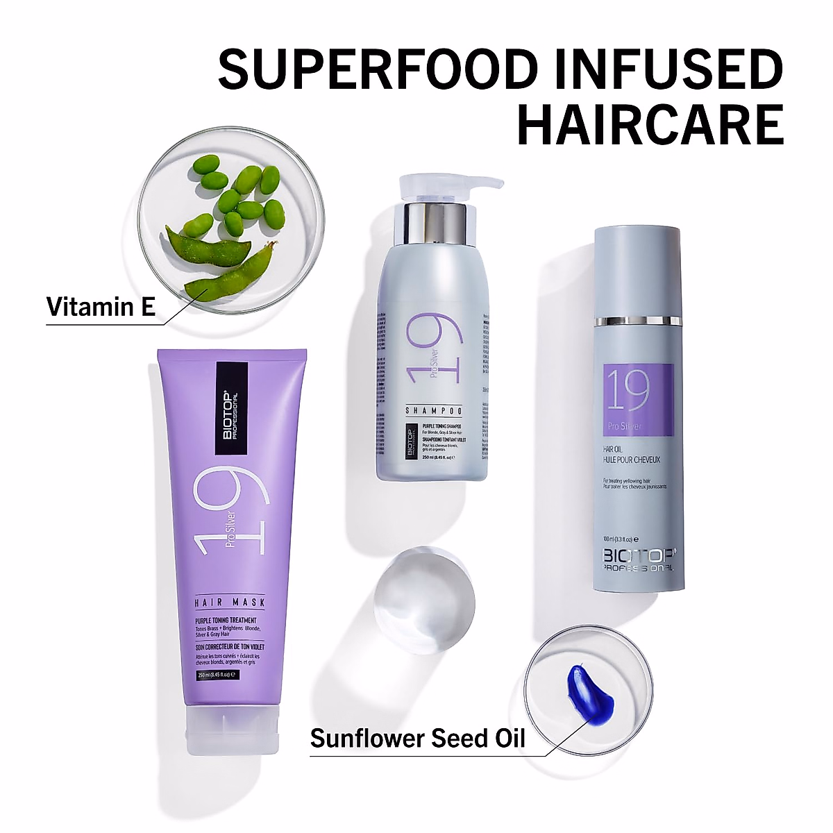 Biotop Professional 19 Pro Silver Shampoo - Purple Shampoo to Neutralize Yellow and Brassy Tones - Made with Sunflower Oil and Vitamin E - For Blonde or Bleached Hair - 16.9 oz