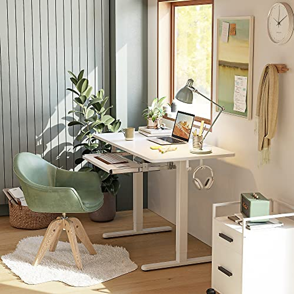 FEZIBO Standing Desk with Keyboard Tray, 48 × 24 Inches Electric Height Adjustable Desk, Sit Stand Up Desk, Computer Office Desk, White